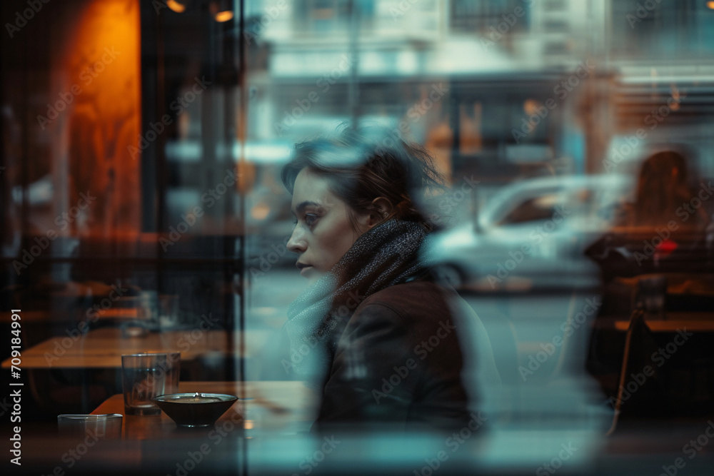 Moody portrait of a person in a cafe in the city, seen through a store ...