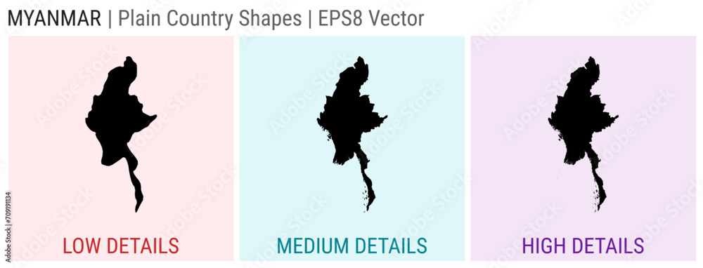 Myanmar - plain country shape. Low, medium and high detailed maps of ...