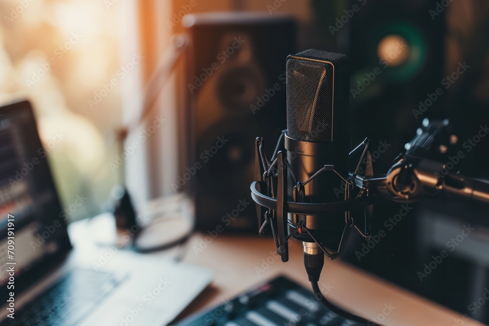 Studio microphone setup with warm daylight, laptop, and speakers in a ...