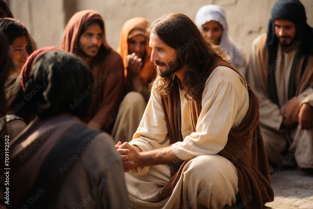 Jesus christ praying with people. Stock Photo | Adobe Stock
