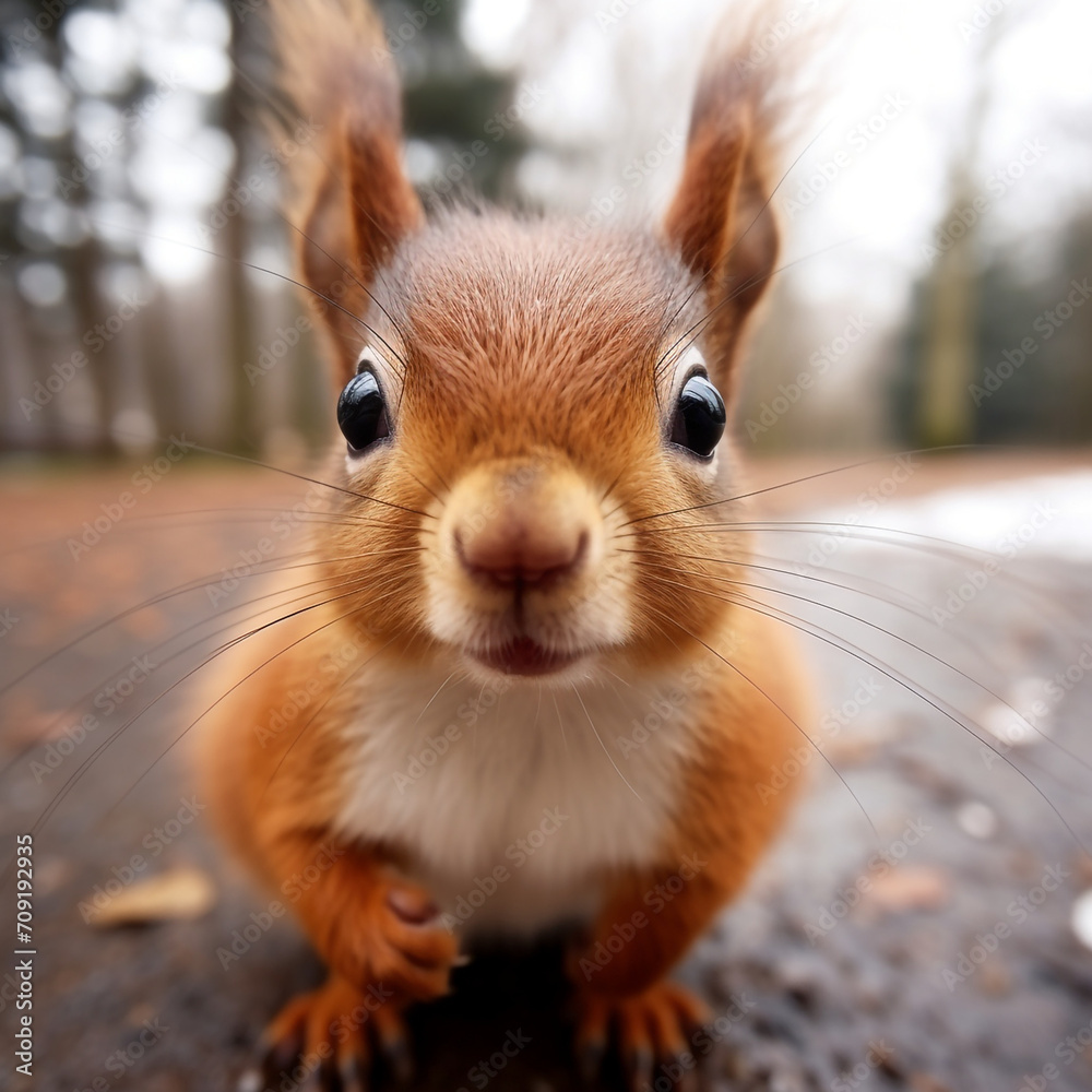 a cute squirrel facing the camera, the tail behind it, on a white ...