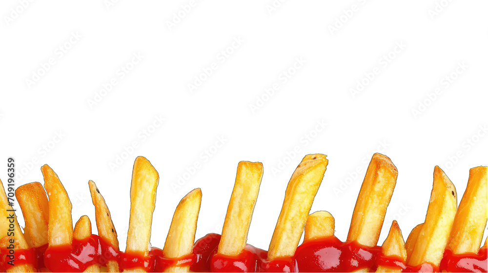 French fries graphic border with ketchup, bottom aligned. Transparent ...