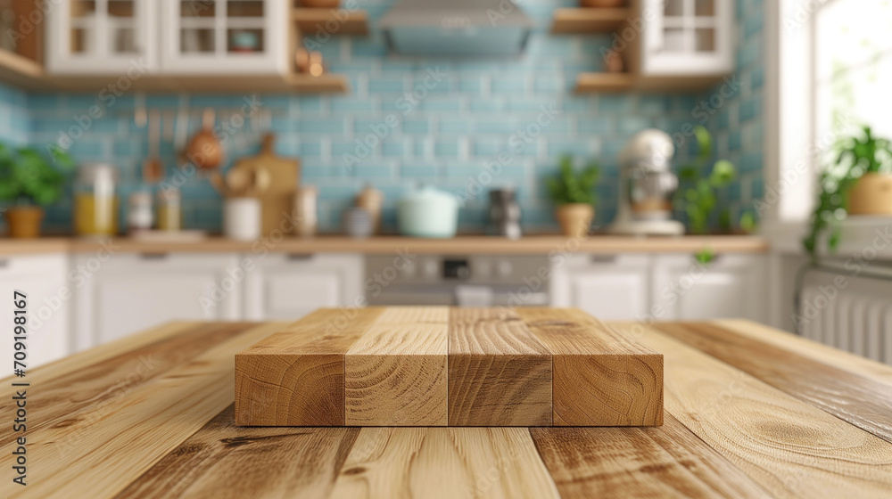 Wooden table + blurred blue kitchen. Image for food blogger, ad ...