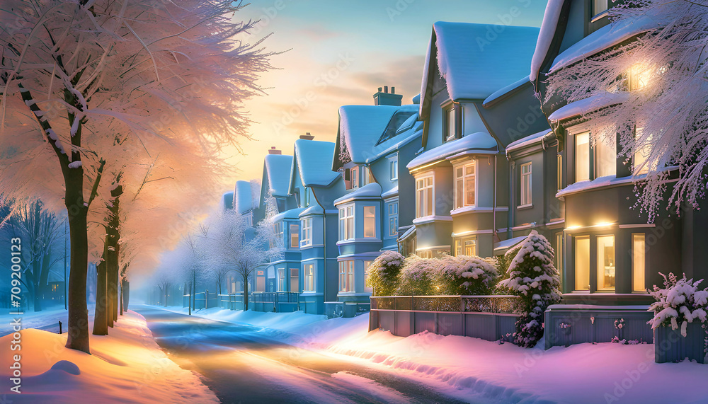 Winter morning street with modern houses, covered with the first snow ...