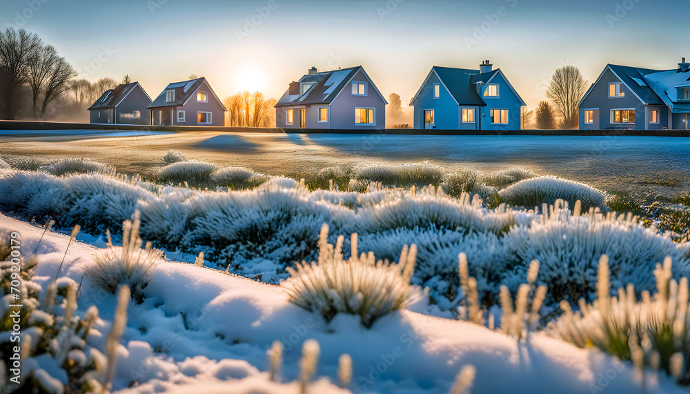 Winter morning street with modern houses, covered with the first snow ...