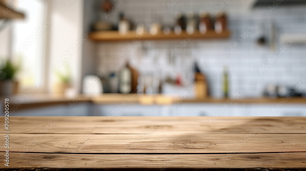 Empty Kitchen counter, beautiful wooden texture of table top. Blur ...