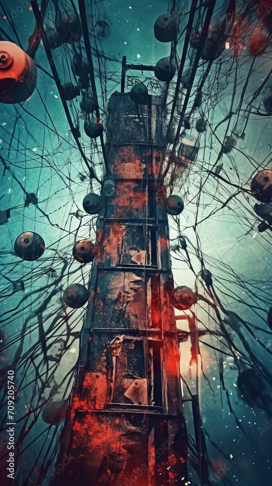 Color illustration of rusty cyberpunk utility tower with tangled wires ...