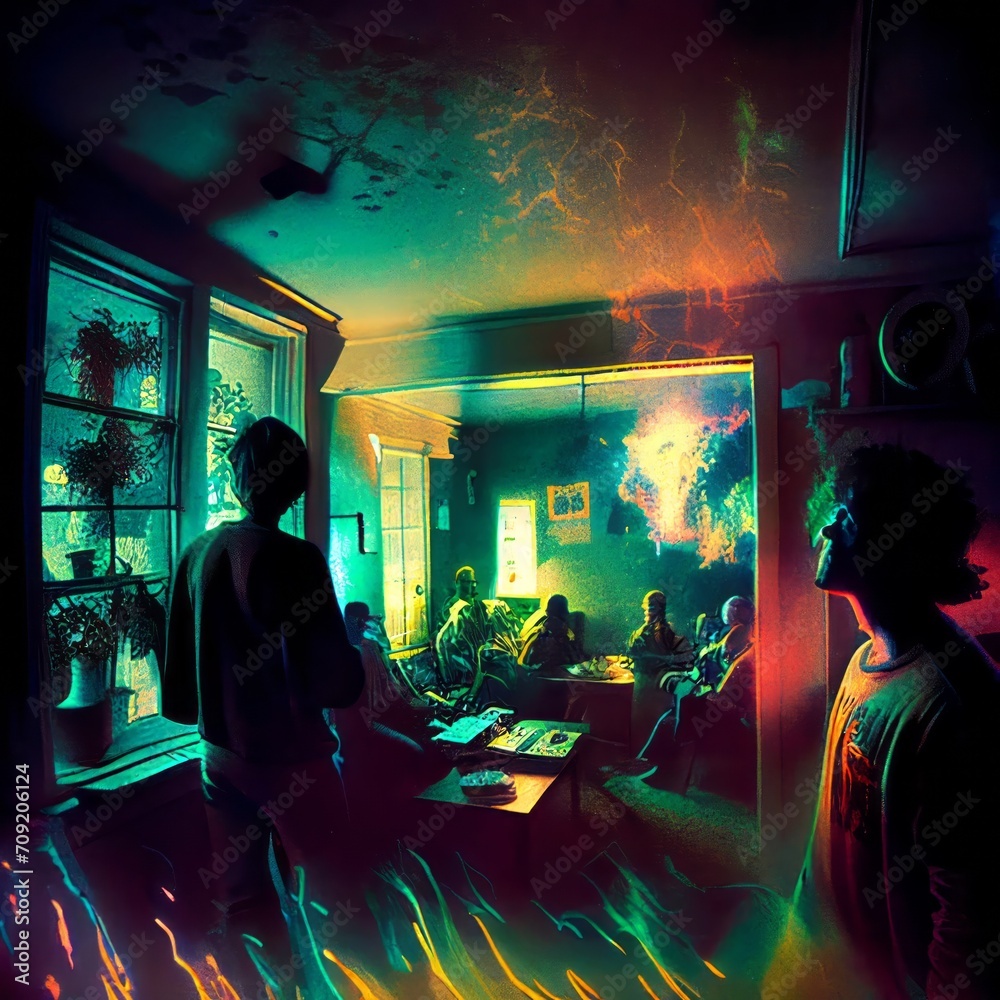 Hallucinatory scene of a 1960s party late at night in psychedelic ...