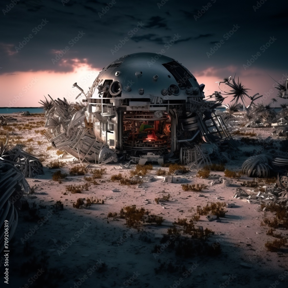 Post-apocalyptic science fiction color illustration of a desert scene ...