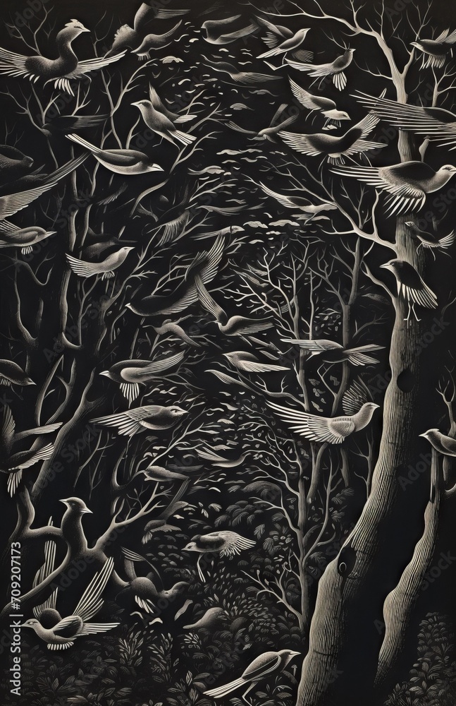 Black and white woodcut showing a close-up scene in high contrast of a ...