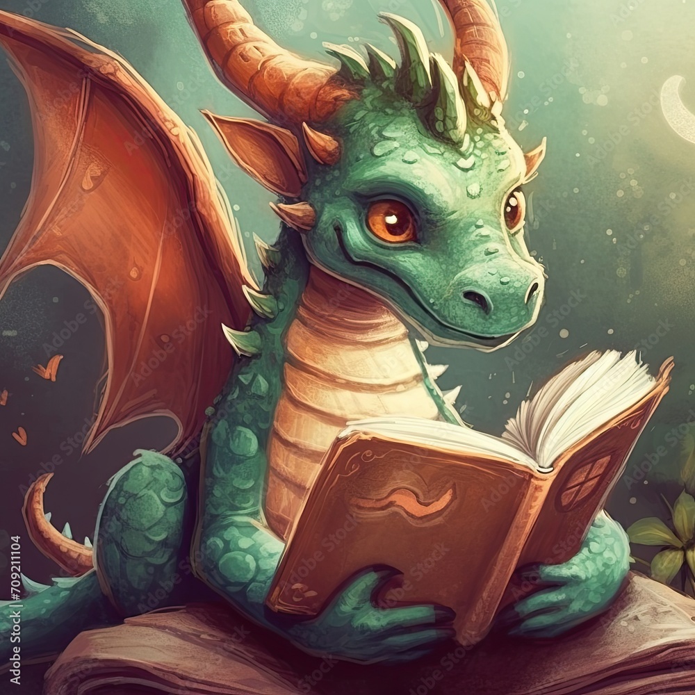 Cute cartoon dragon reading a book, fairy tale, illustration. Children ...