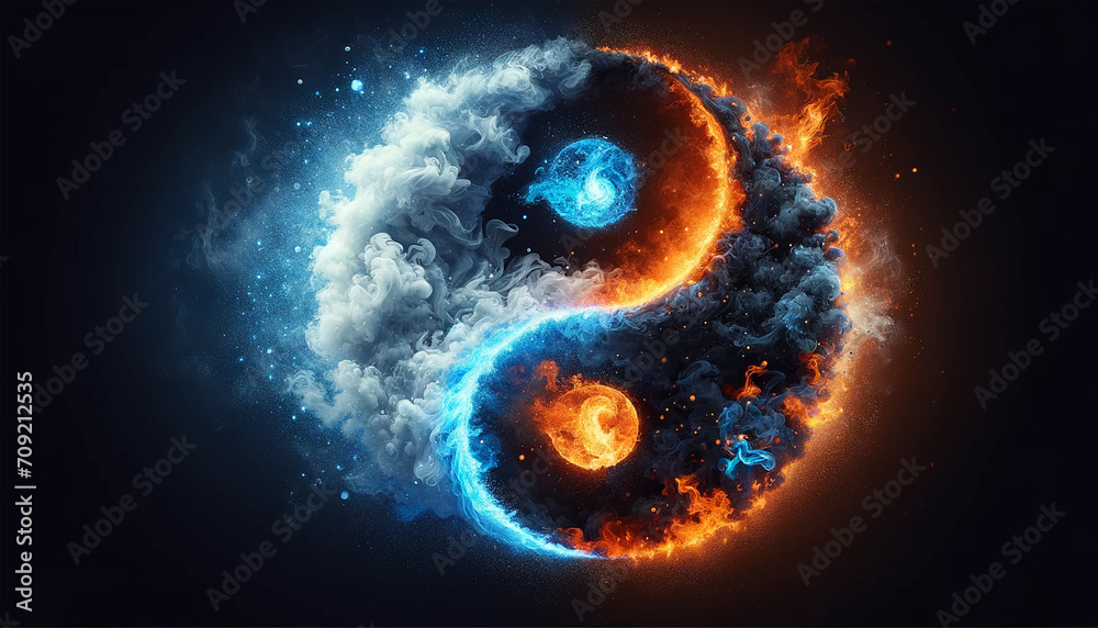 Yin and Yang symbol in fire and ice with smoke and spark effect Stock ...