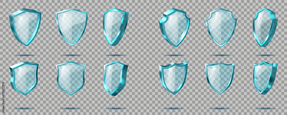 3d shield. Clean protect secure, glass silver isolated heraldic element ...