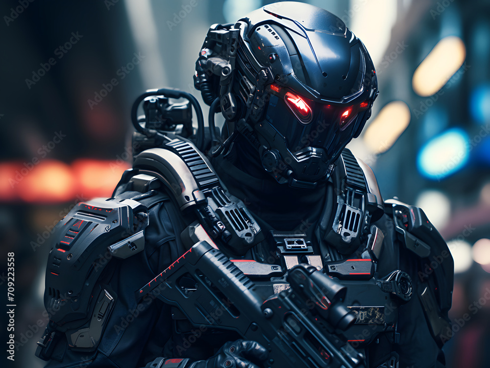 A fierce, robotic warrior clad in black armour and a menacing helmet ...