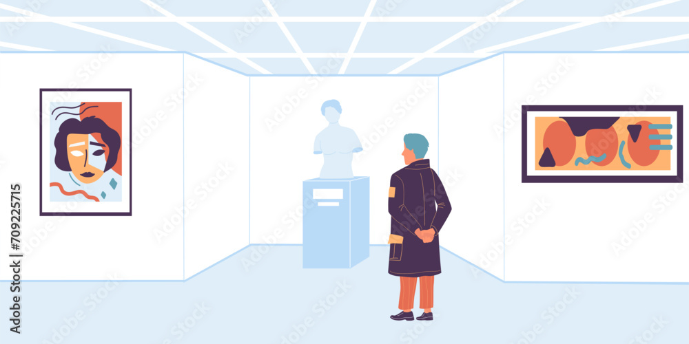 People in gallery. Cartoon visitor of art museum exhibition. Tourist ...