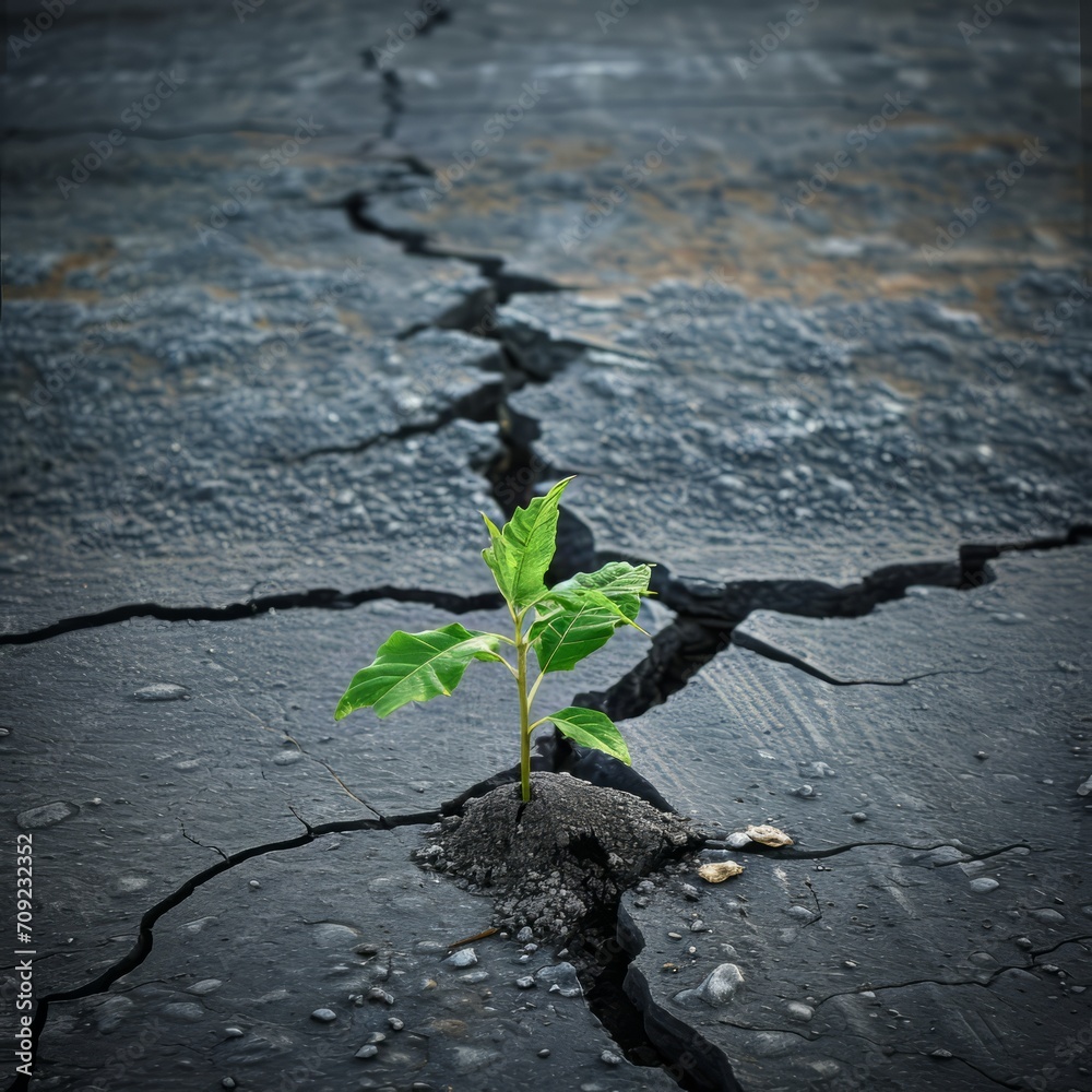 A conceptual image of a young sapling breaking through a cracked ...