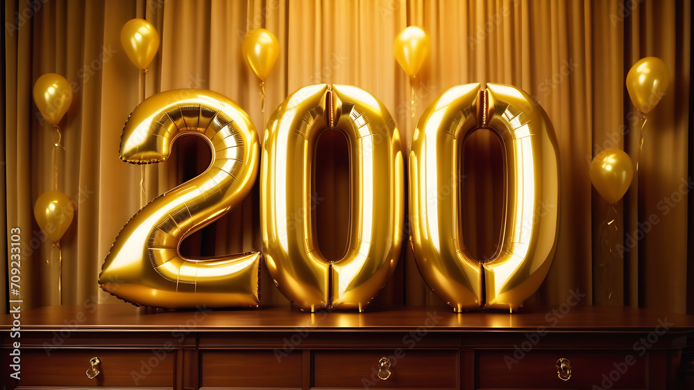 Golden numbers 200 on a shiny background with balloons. Beautiful ...