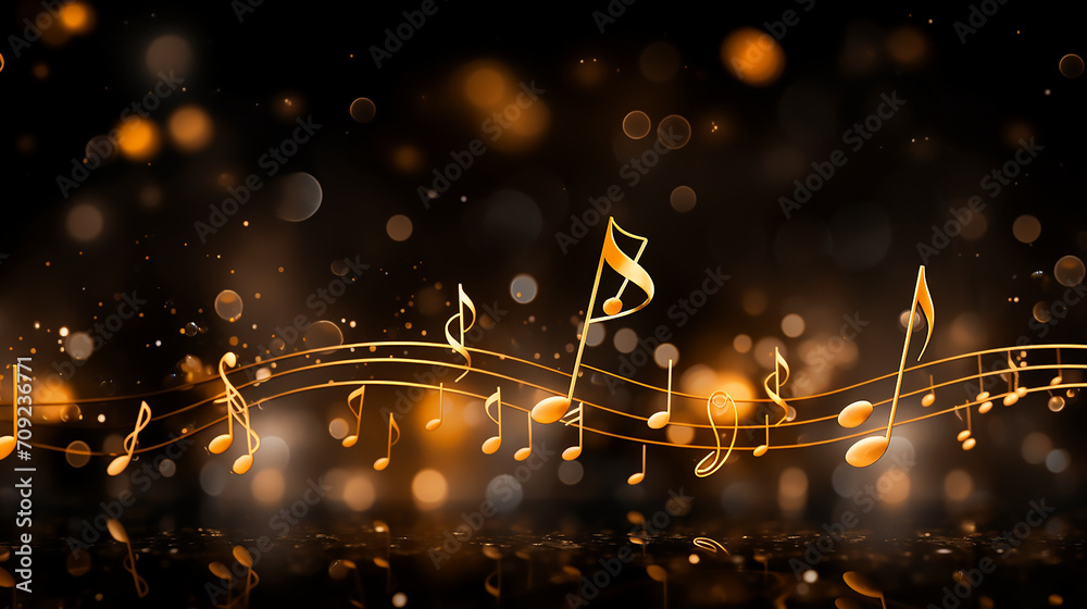 Music notes on a black and golden background, blurry lights Stock Photo ...