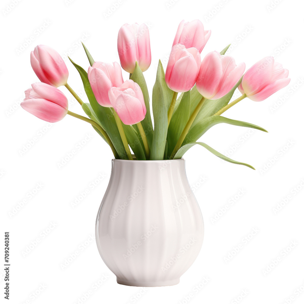Beautiful pink tulip flowers in a vase isolated on white or transparent ...