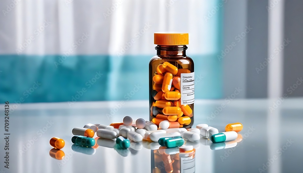 Prescription opioids, with bottle of many pills on the mirror light ...