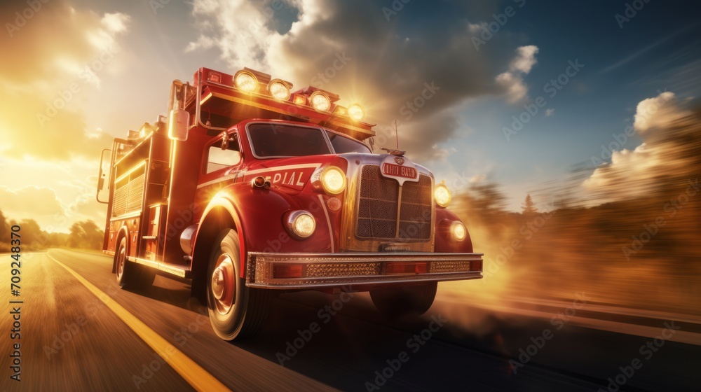 Fast moving fire engine on city street. Neural network AI generated art ...