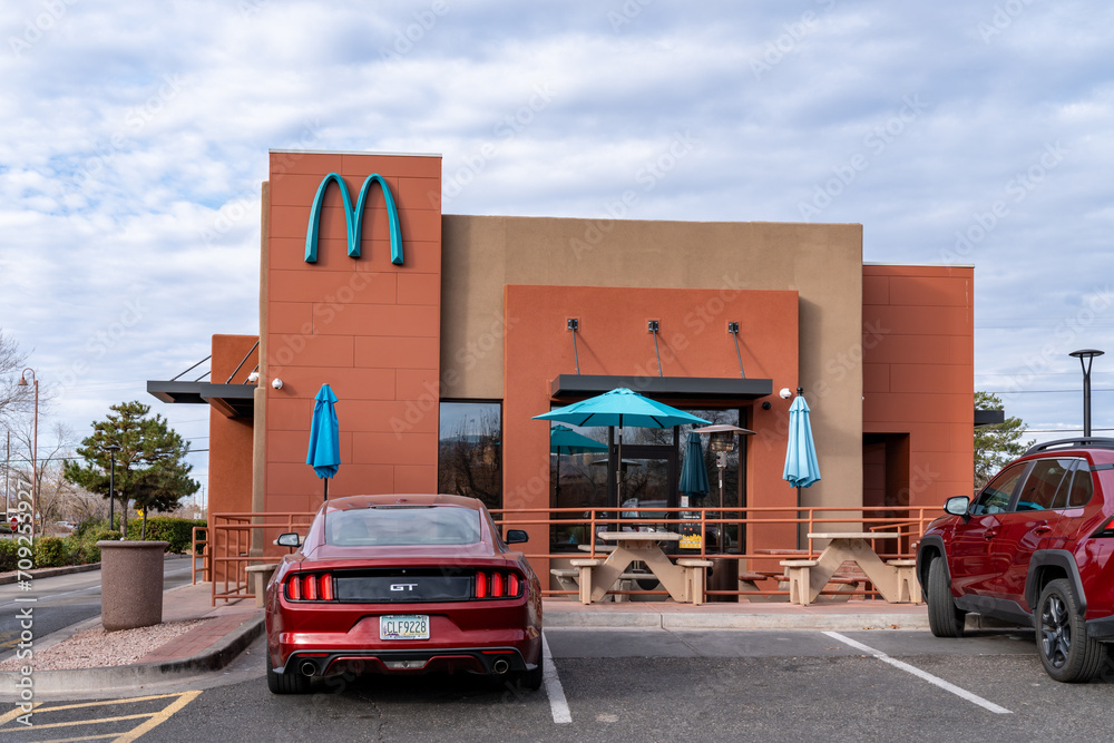 Sedona, Arizona - December 18, 2023: Turquoise blue teal McDonalds ...