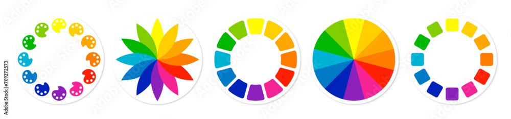 Color wheel set of five in different style on white background. Color ...