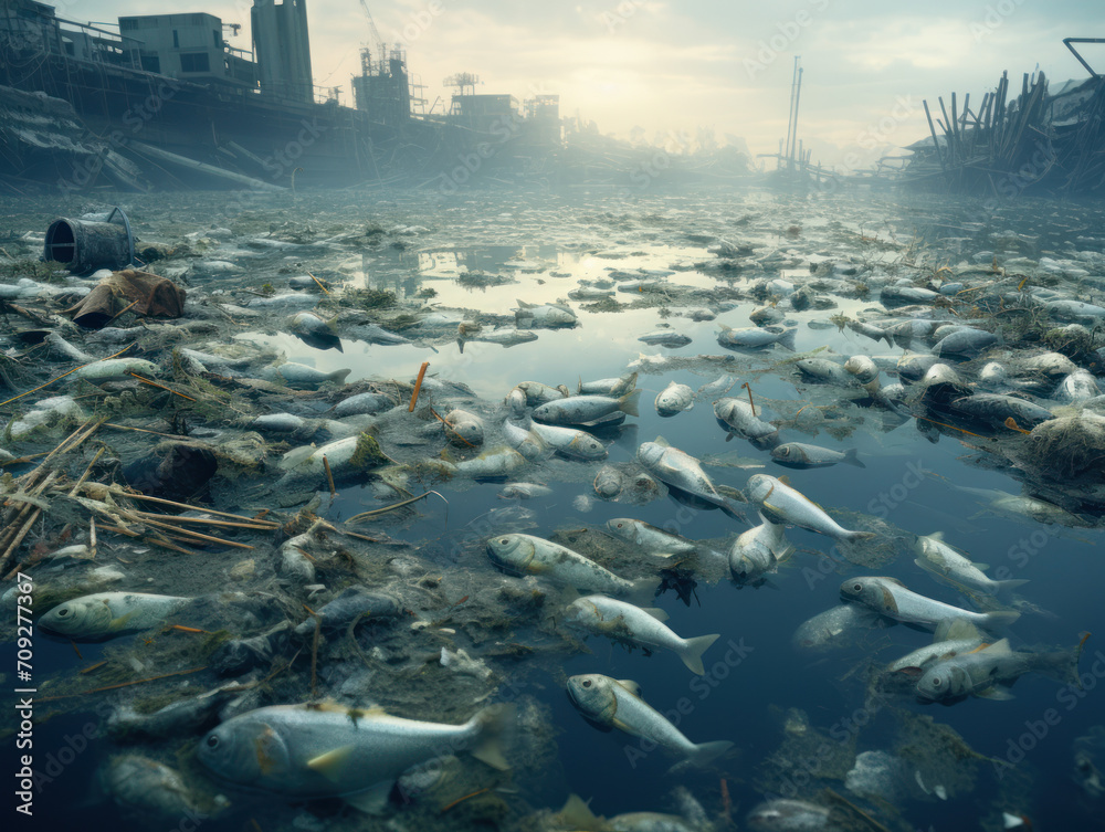 water pollution, chemical waste from industrial, element with died fish ...