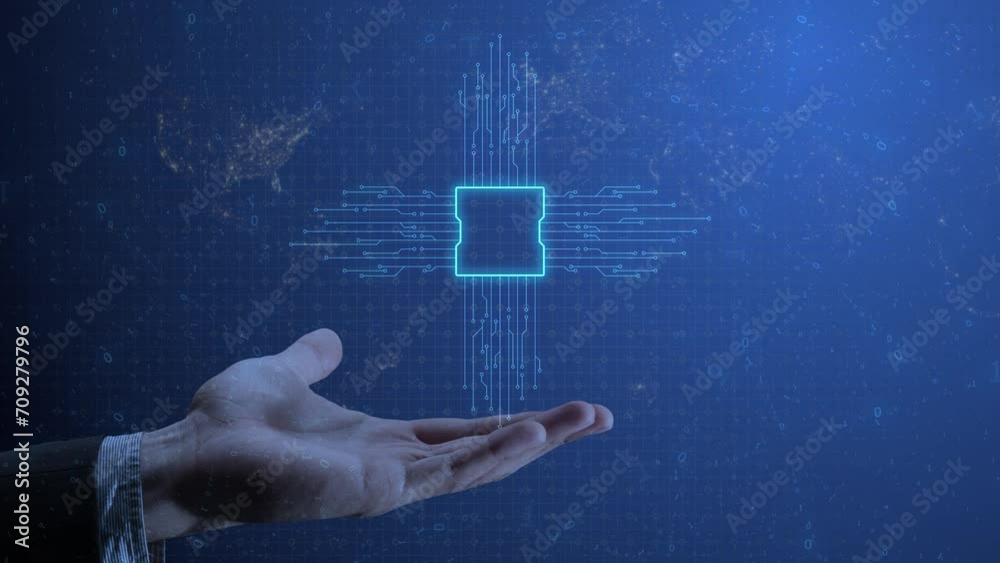 Diagram of an electronic artificial intelligence chip over an open palm ...