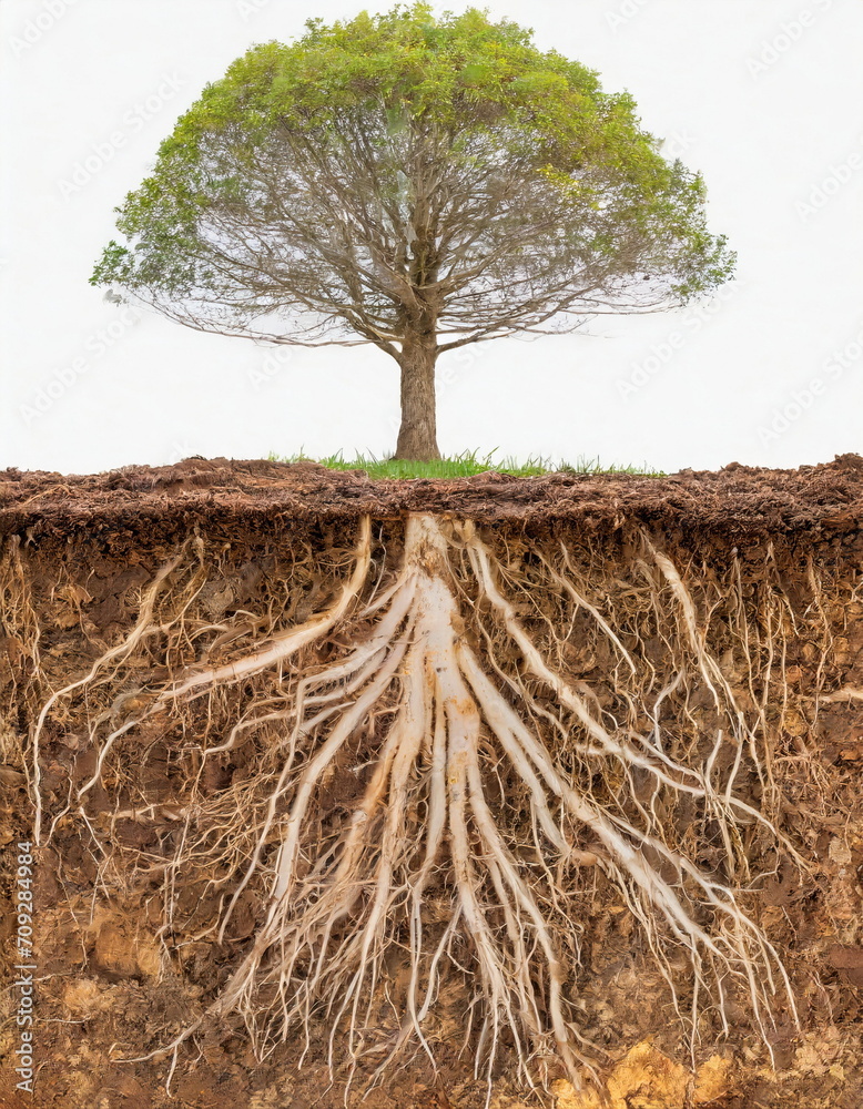 Complex root system of a tree deep underground, soil cross section view ...
