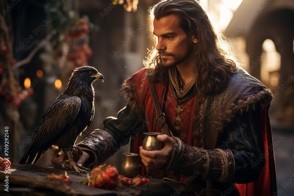 A medieval falconer with a majestic bird of prey on his arm, performing ...
