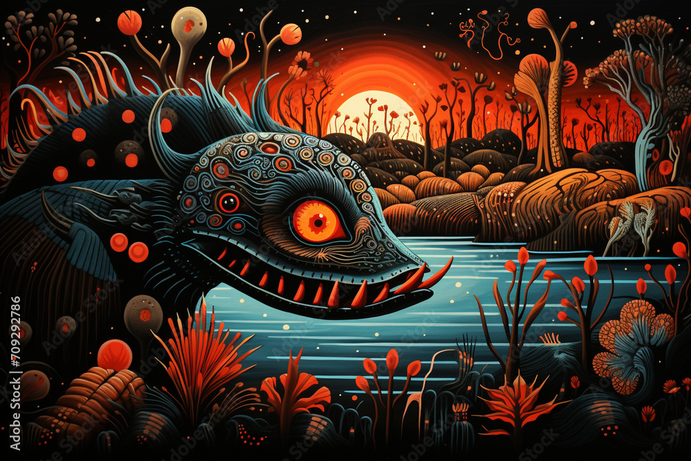 The mythical and elusive Bunyip of Aboriginal Australian legend, depicted in a stylized and ...