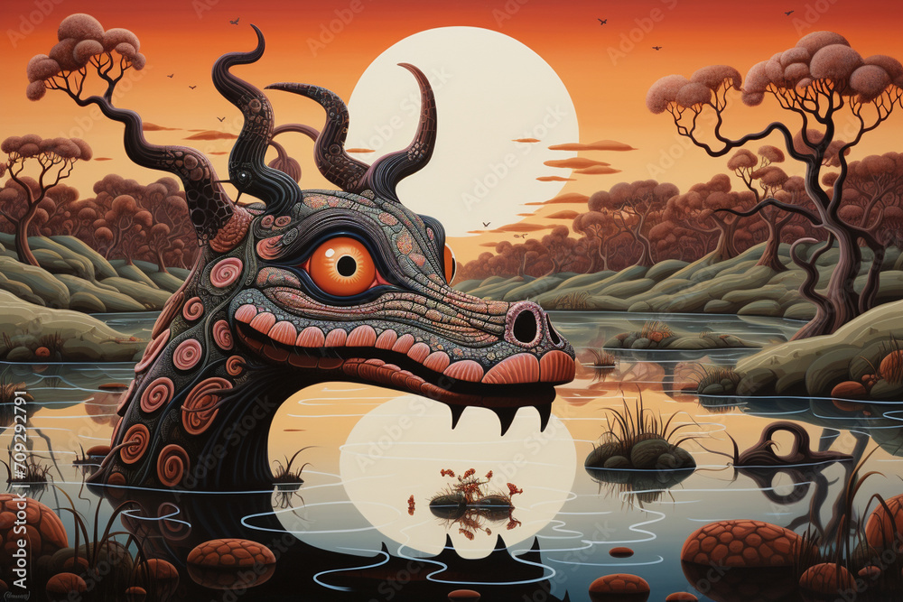 ภาพประกอบสต็อก The mythical and elusive Bunyip of Aboriginal Australian legend, depicted in a ...
