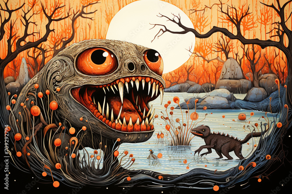 The mythical and elusive Bunyip of Aboriginal Australian legend, depicted in a stylized and ...