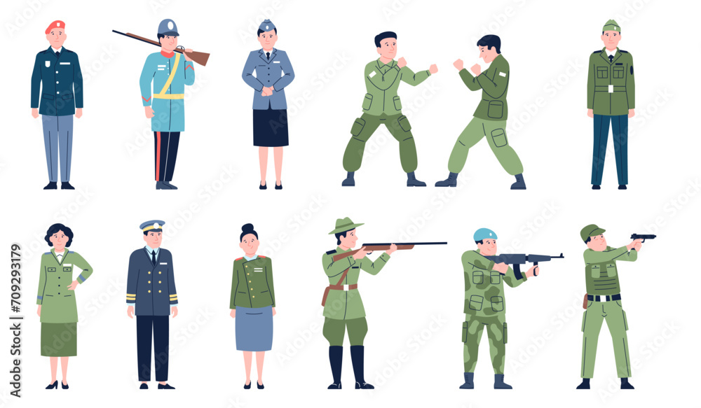 Flat military characters. Male female wear uniform. Professionals army ...