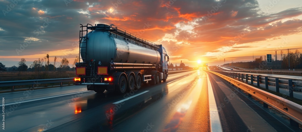 Fuel truck transporting fuel to oil refinery on highway. Stock Photo ...