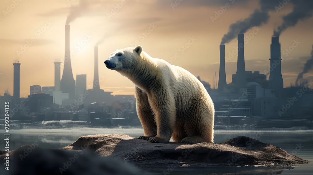 Polar bear standing front of pollution from factories background ...