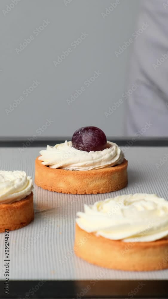 the process of making a delicious tart with chocolate, cream and fruits ...