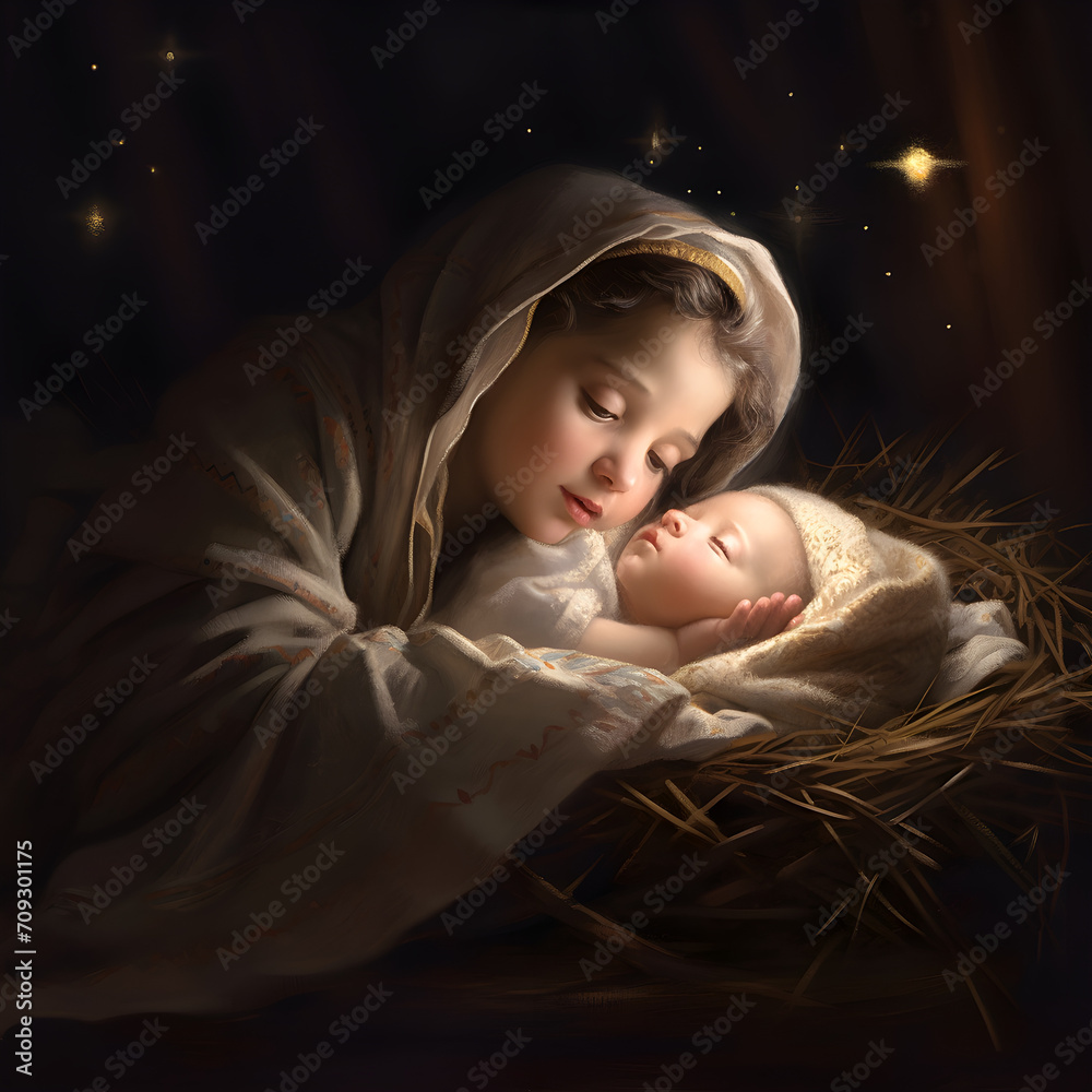 Nestled in a tender manger, Jesus is portrayed with profound love and ...