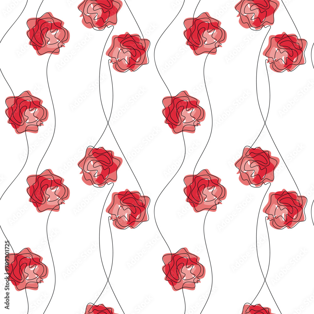 Red rose flowers. Vector outline seamless pattern. Abstract floral ...