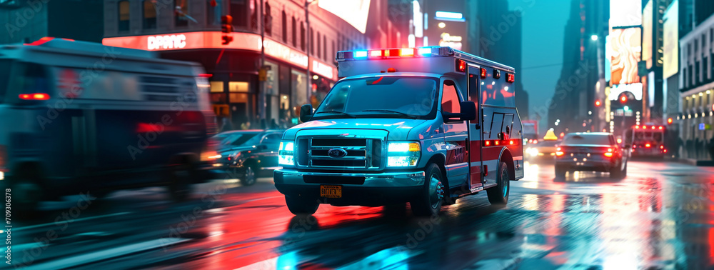 Ambulance Van on a wide city street. Emergency vehicle with warning ...