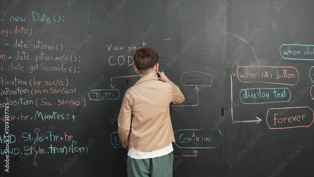 Back view of smart boy writing engineering prompt on blackboard ...