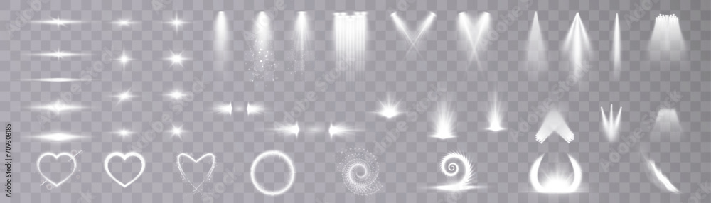 Set of lighting effects. Set of isolated white transparent light ...