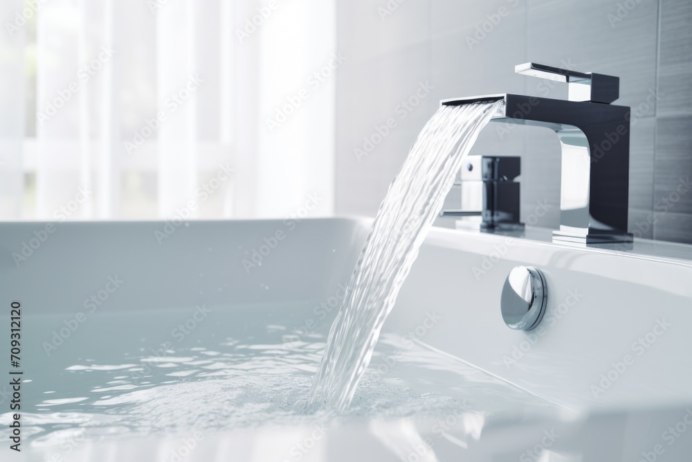 Faucet with clear flowing water into a white bathtub, modern bathroom ...