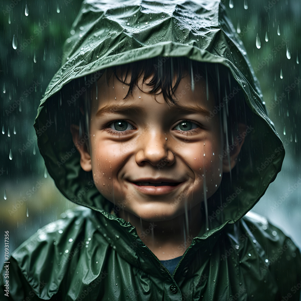 Ein Junge hat Spaß und steht im Regen, die Tropfen Wasser durchnässen ...