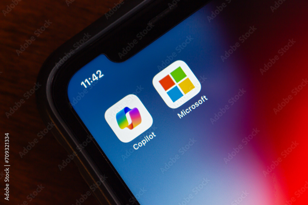 Vancouver, CANADA - Jan 2 2024 : Microsoft Copilot and Microsoft icons ...