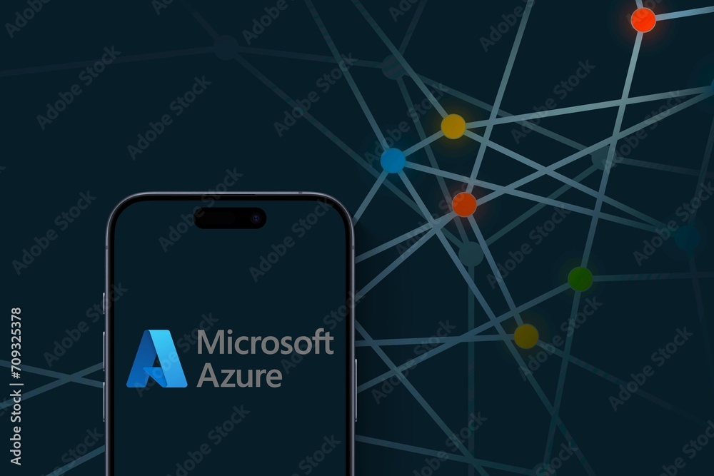 Microsoft Azure Logo shown on a modern smartphone in front of connected ...