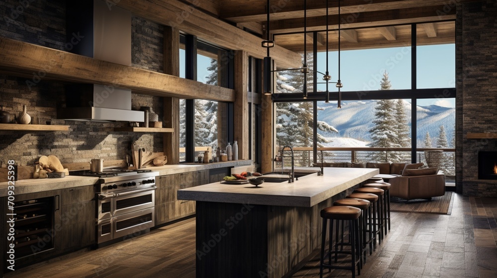 A modern mountain cabin kitchen with stone accents, reclaimed wood, and ...