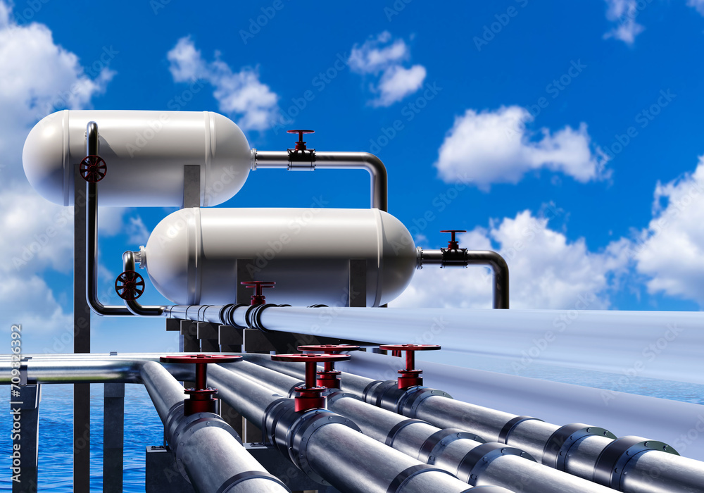 Gas pipes on seashore. Equipment with LNG. Pipeline and oil storage ...