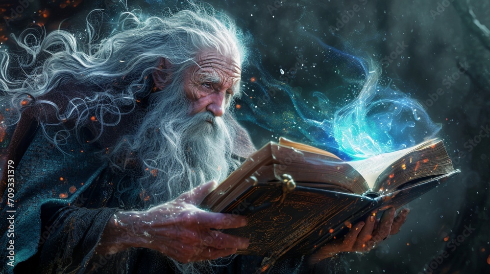 a drawing illustration of a old ice magic wizard man with long grey ...